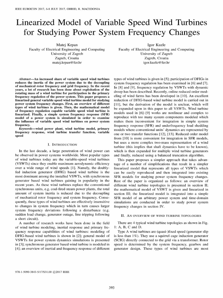 Linearized Model of Variable Speed Wind Turbines For Studying Power ...