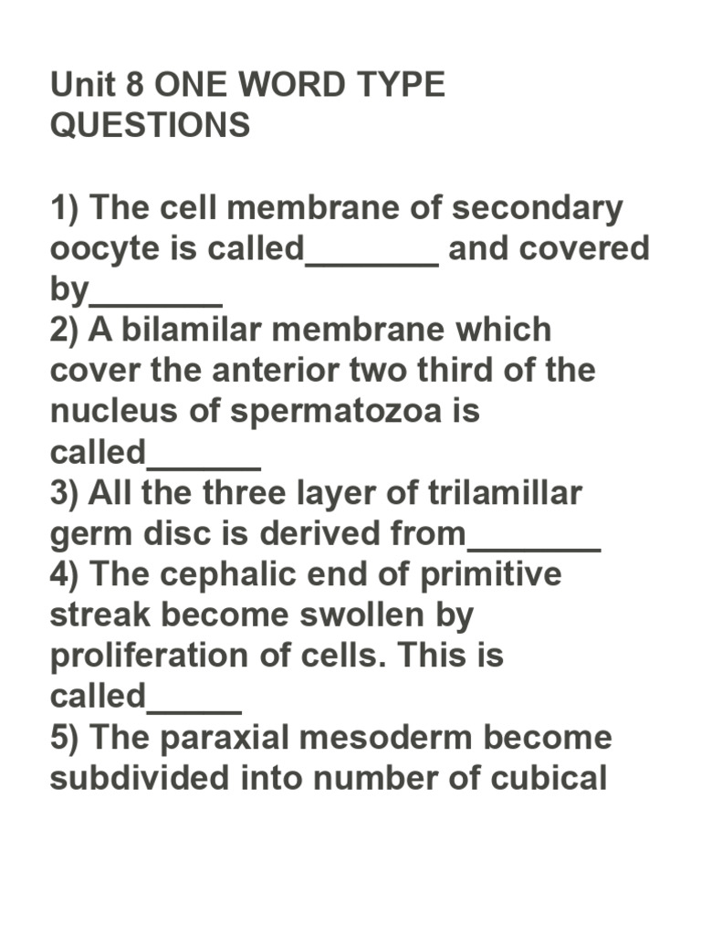 One Word Type Questions in Embryology | PDF