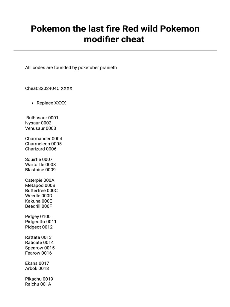 Fire Red Wild Pokémon Modifier Cheat | PDF | Nintendo Franchises | Pokémon