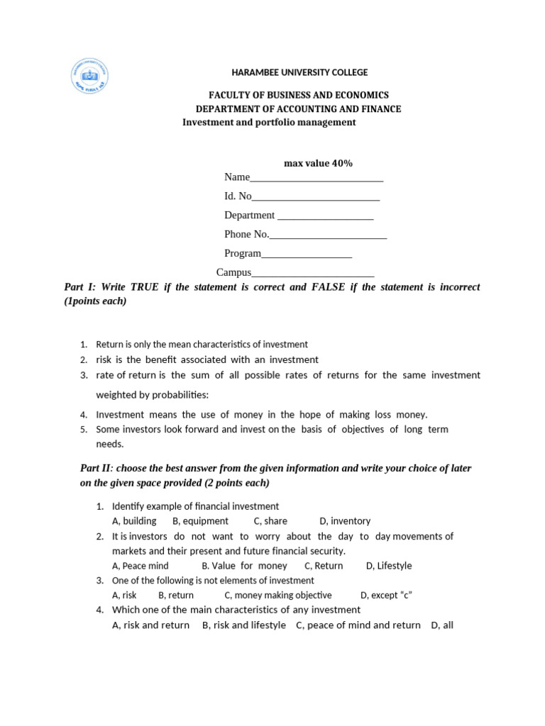 Investment & Portfolio Mgmt Worksheet | PDF | Bonds (Finance) | Investing