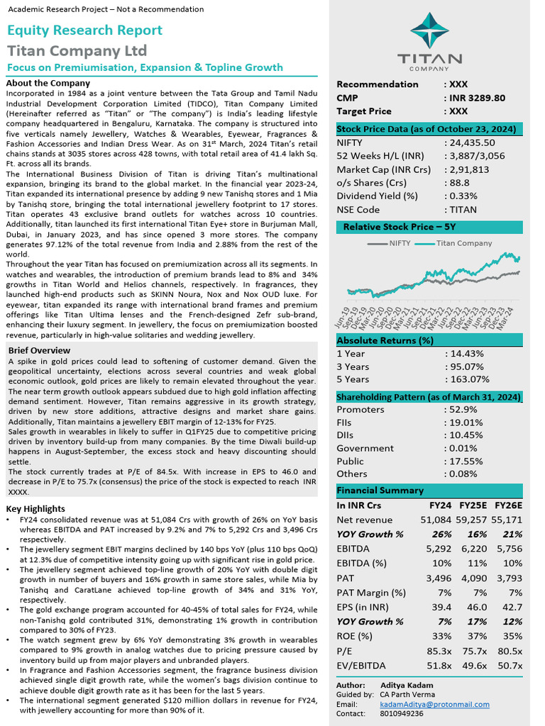 Equity Research Report on Titan Company Ltd | PDF | Cost Of Living ...