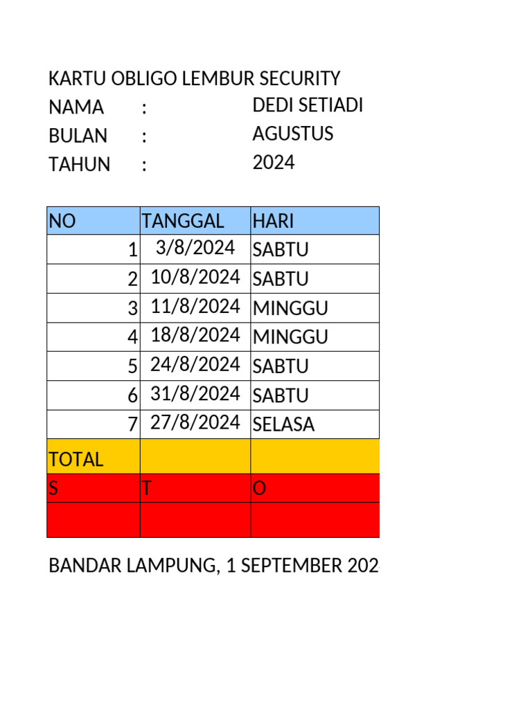 Kartu Obligo Lembur Security | PDF