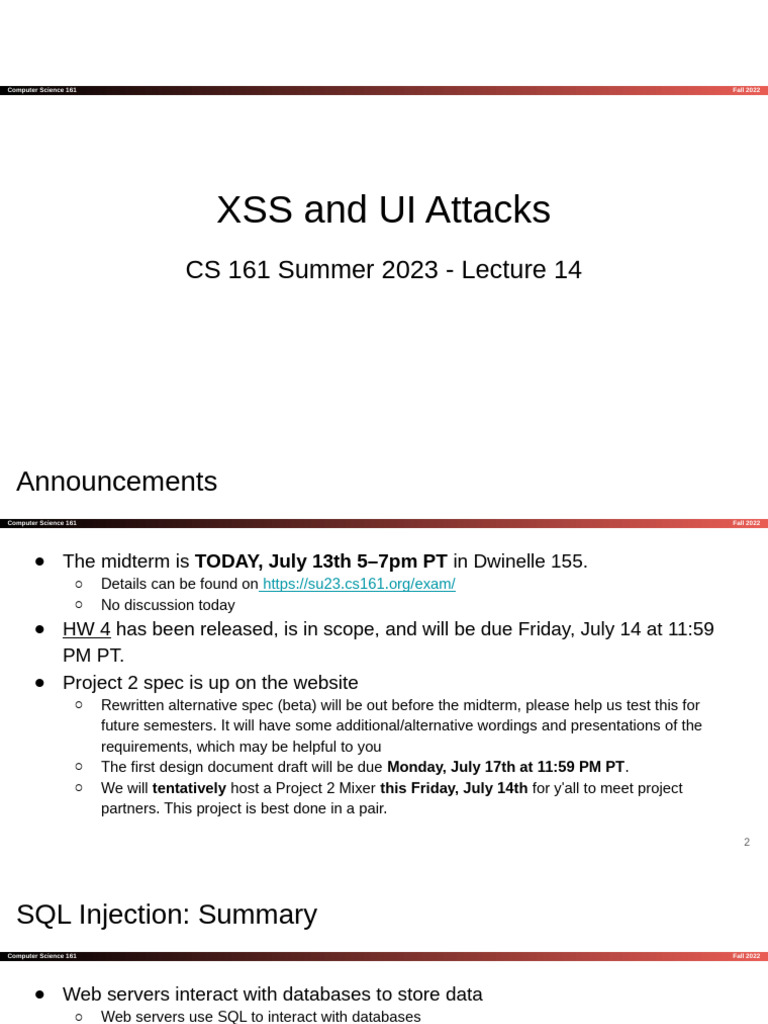 (CS161 SU23) Lecture 14 - XSS and UI Attacks | PDF | World Wide Web ...