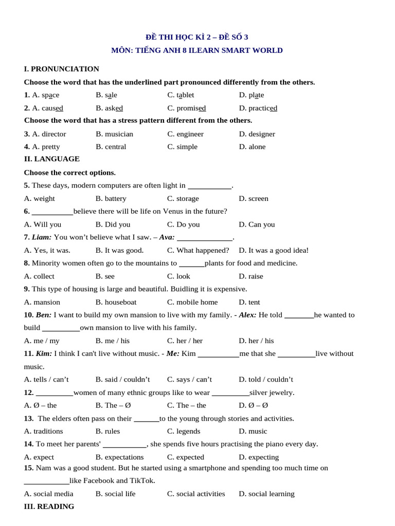 De Thi Hoc Ki 2 Tieng Anh 8 Ilearn Smart World de So 3 | PDF | Atmosphere | Venus
