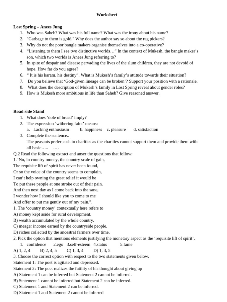 Worksheet XII English | PDF