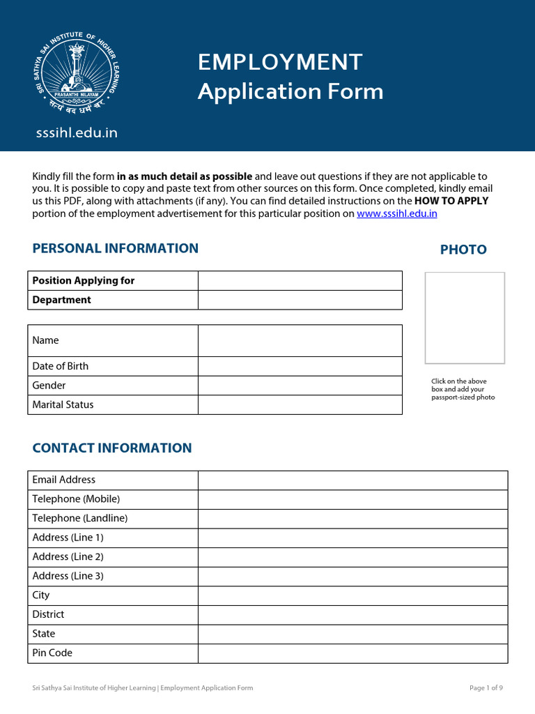 SSSIHL Employment Application Form | PDF