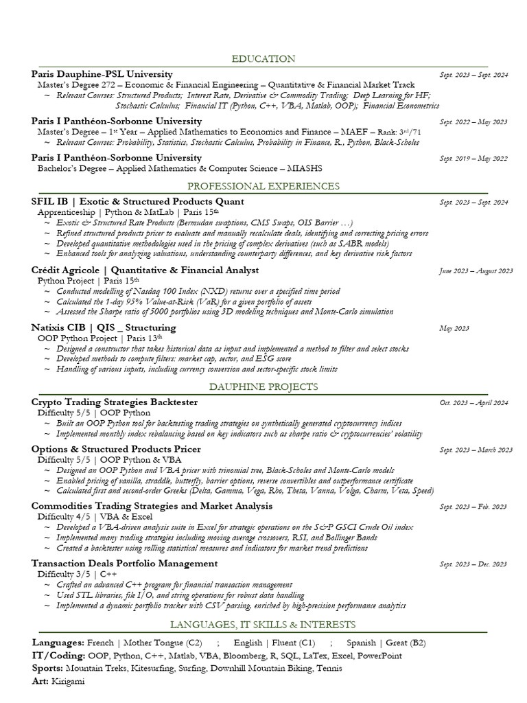 CV Thomas Chagneau L | PDF | Greeks (Finance) | Investing