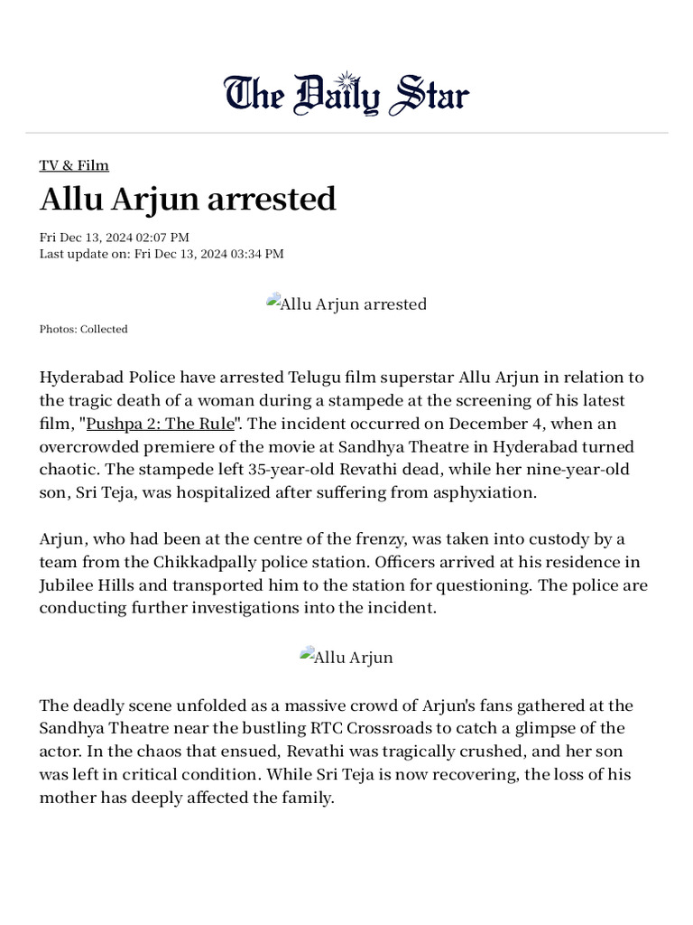 Allu Arjun Arrested After Pushpa 2 Tragedy | PDF
