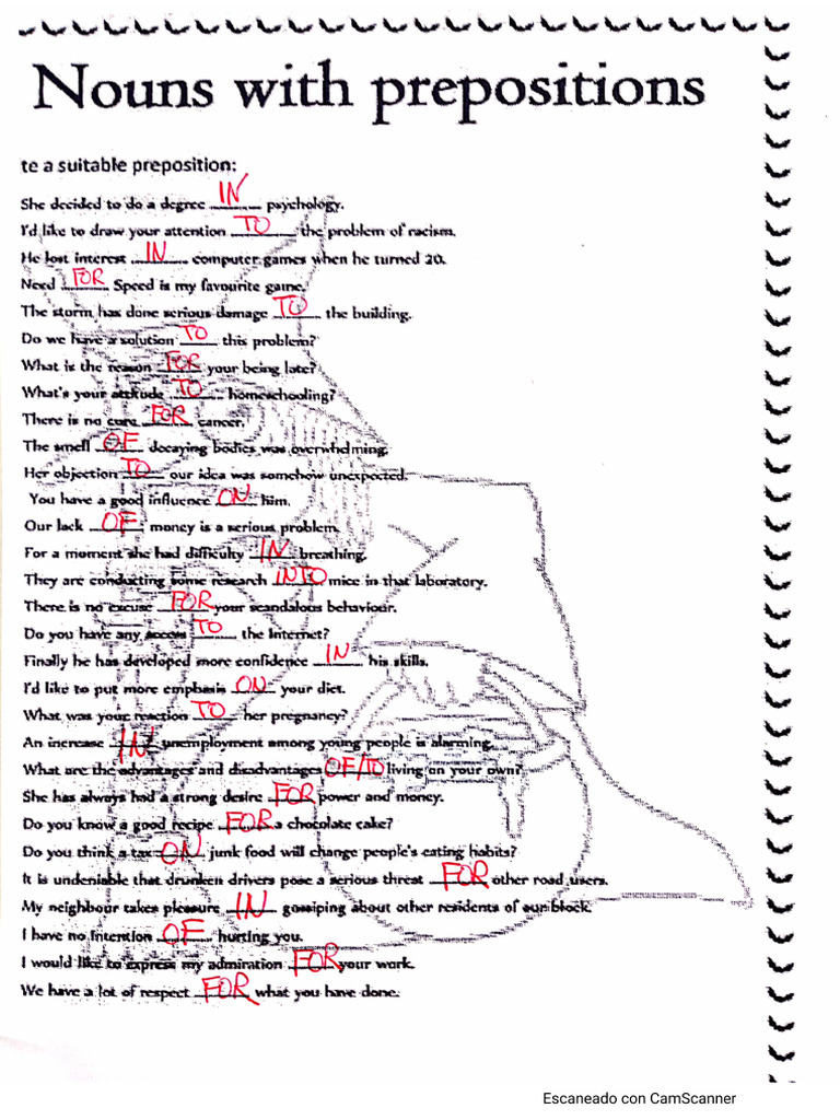 Nouns +preps Key | PDF