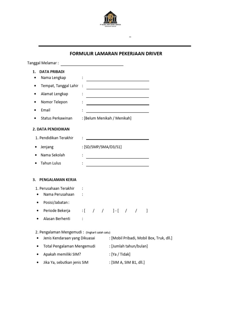 Formulir Lamaran Driver PT Global | PDF