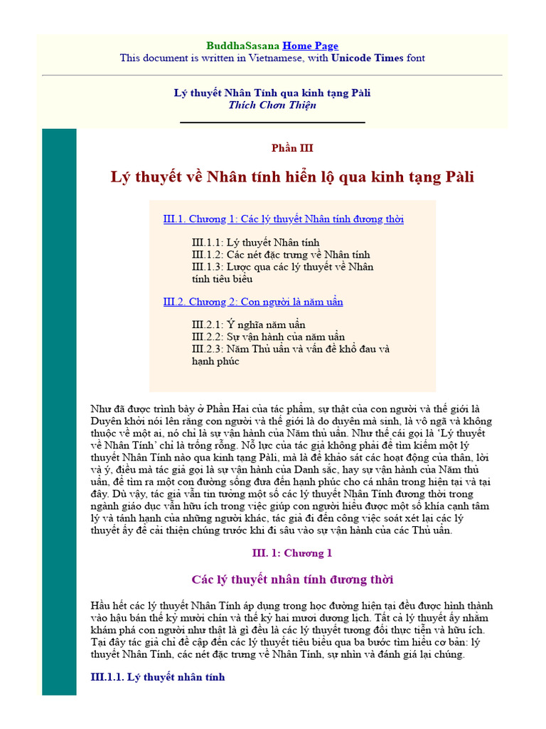 Lý Thuyết Nhân Tính Qua Kinh Tạng Pali 3 | PDF