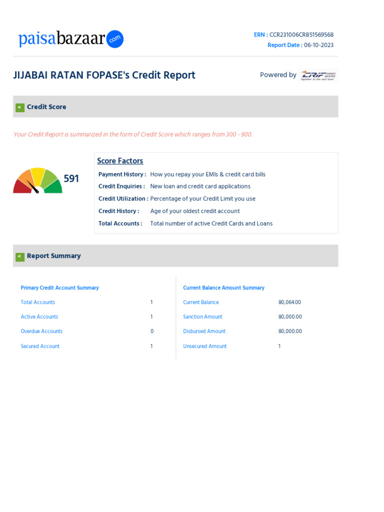 JIJABAI RATAN Phopase Cibil | PDF | Personal Finance | Credit