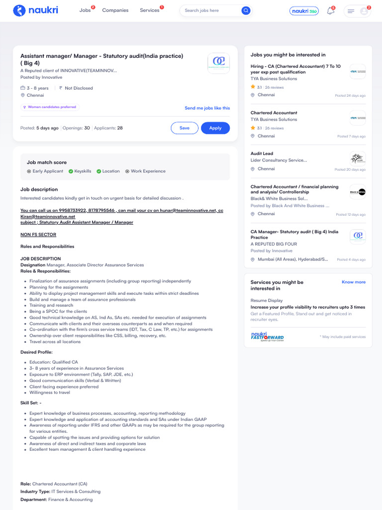 Assistant Manager - Manager - Statutory Audit (India Practice) (Big 4) - Chennai - Innovative ...