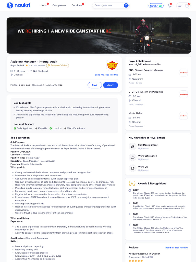 Assistant Manager - Internal Audit - Chennai - Royal Enfield - 3 To 8 ...