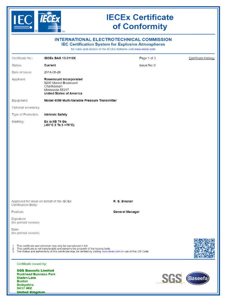 FIT - MVS - 4088 - ROSEMOUNT - IECEx BAS 13.0110X | PDF