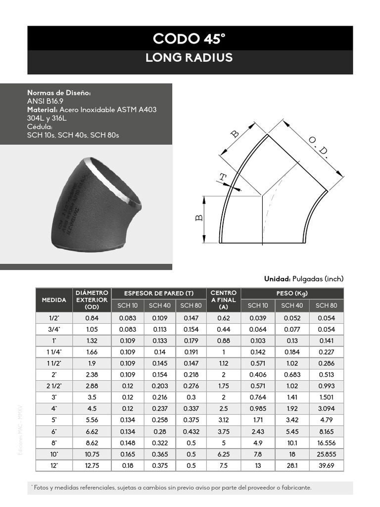 CODO ACERO INOX 45° SCH 10-40-80 | PDF