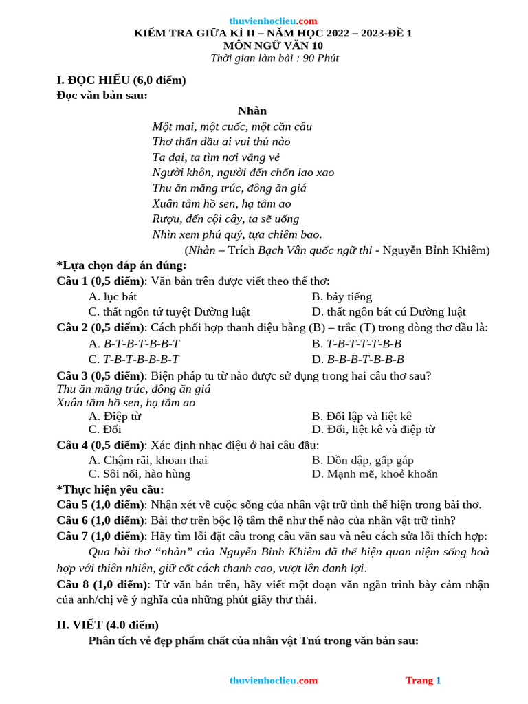 Bo de Kiem Tra Ngu Van 10 Giua HK2 Nam 22 23 | PDF