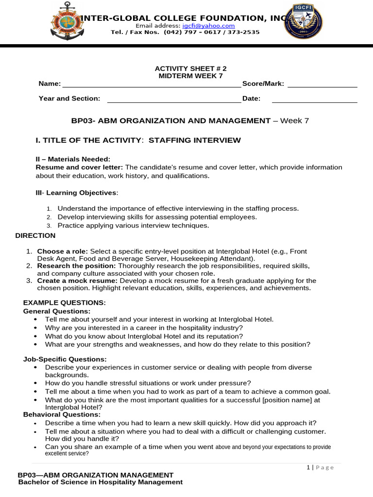 BP03 Activity 2 Staffing Interview | PDF | Evaluation | Business