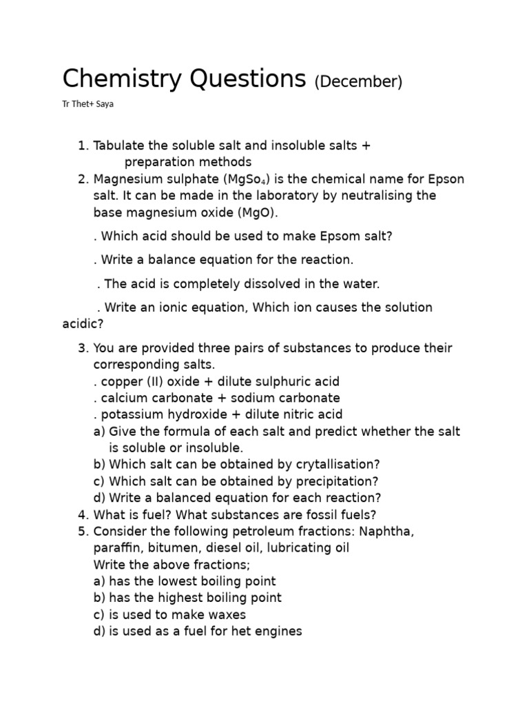 Chemistry Questions | PDF | Salt (Chemistry) | Solubility