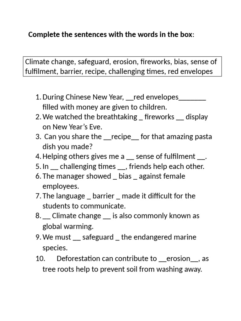 Complete The Sentences With The Words in The Box | PDF