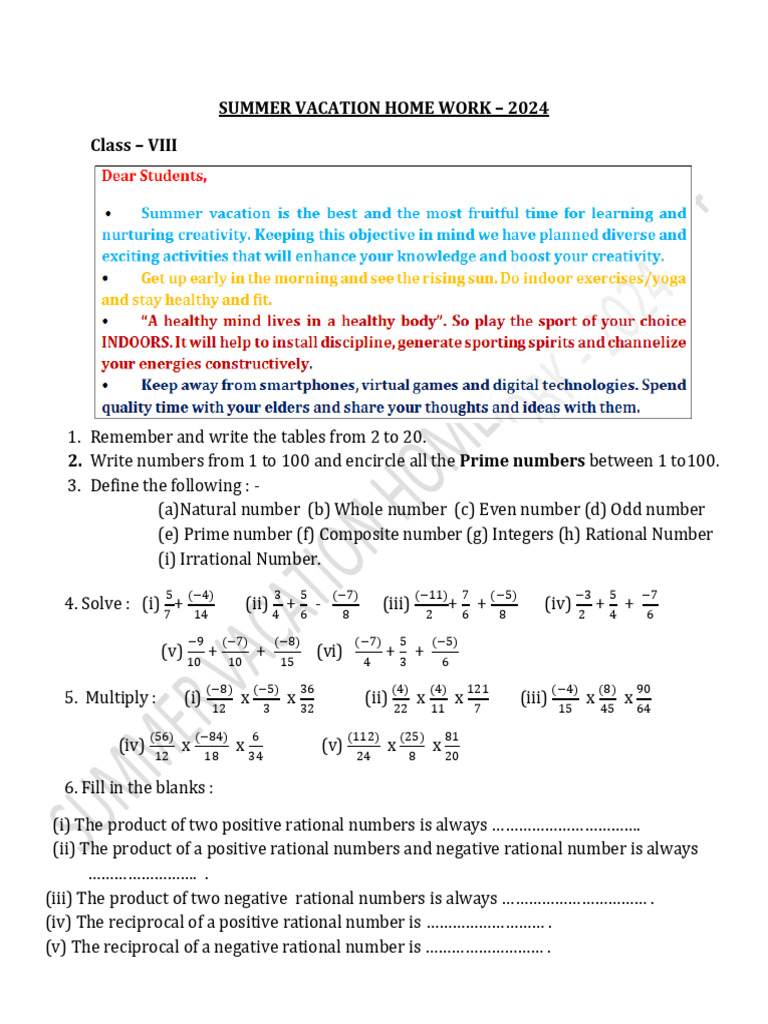 Class - 8 Summer Vacation Home Work | PDF