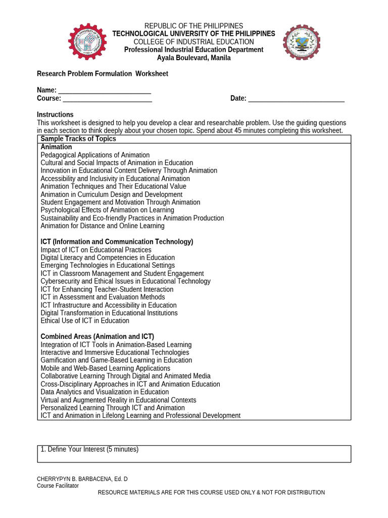 Research Problem Formulation Worksheet | PDF | Educational Technology | Behavior Modification