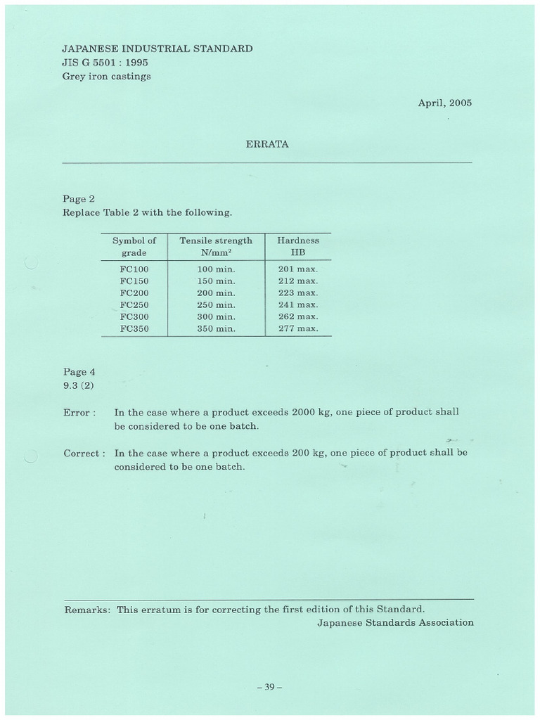 Jis G 05501 000 000 1995 Cor 1 200504 e CH | PDF