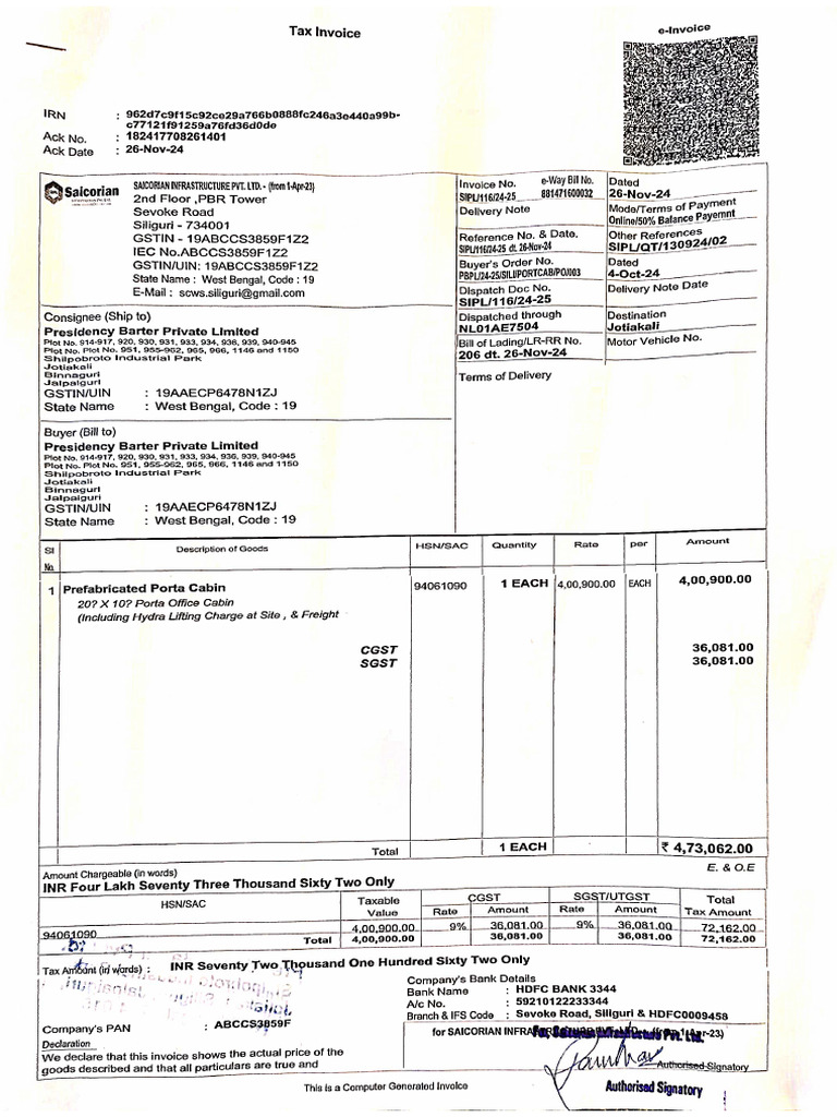 Porta Cabin invoice | PDF