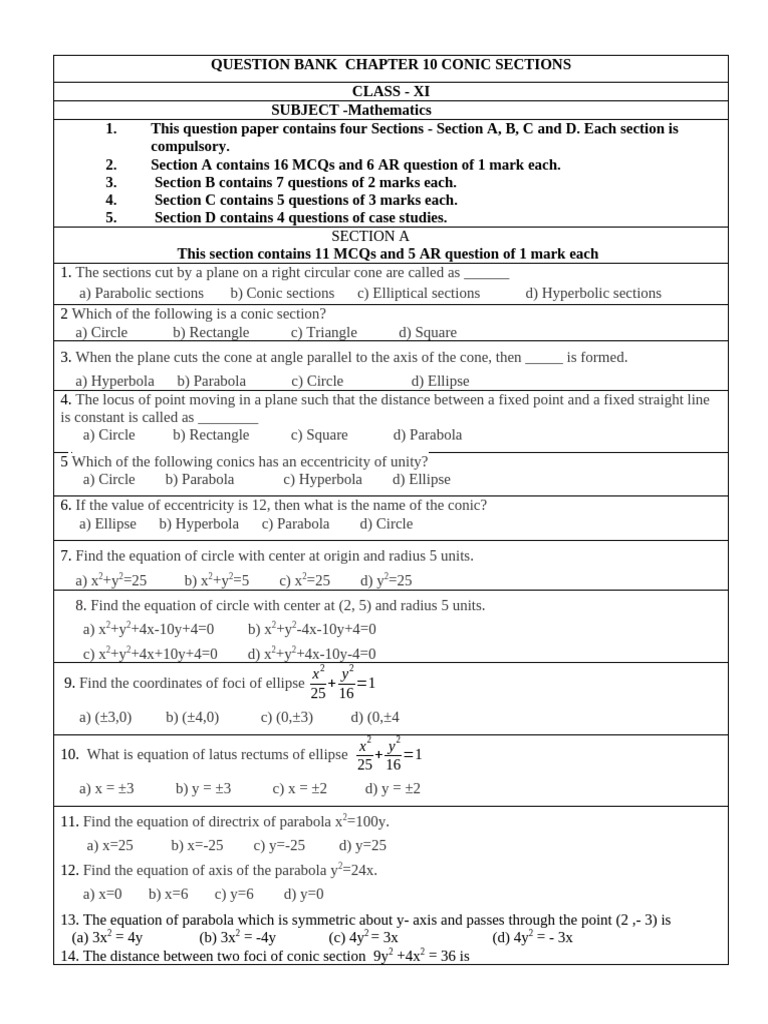 Question Bank Chapter 10 Conic Sections Class 11 | PDF | Ellipse | Classical Geometry