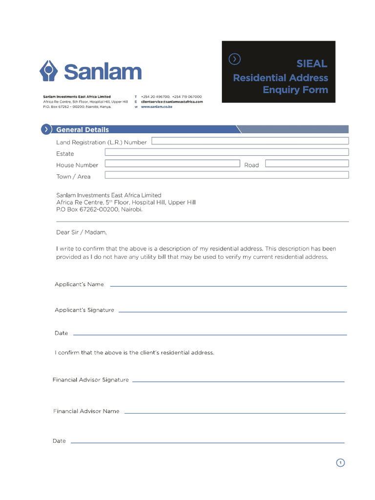 SANLAM-KEN Residential Address Enquiry Form | PDF