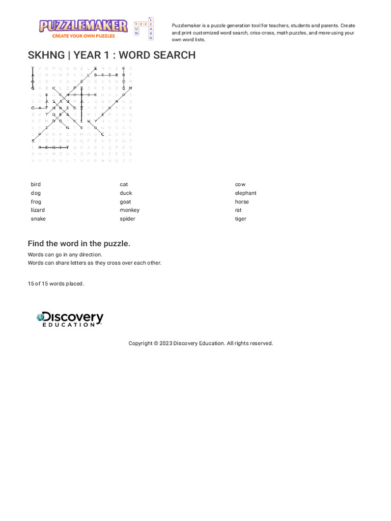 Word Search Puzzle - Discovery Education Puzzlemaker | PDF