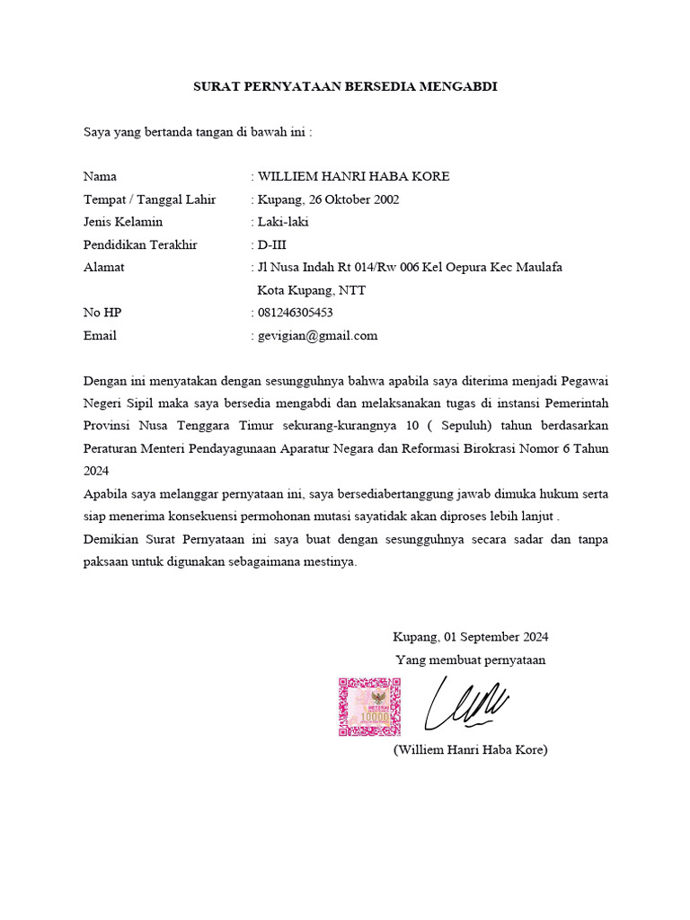 Surat Pernyataan Bersedia Mengabdi 1 | PDF