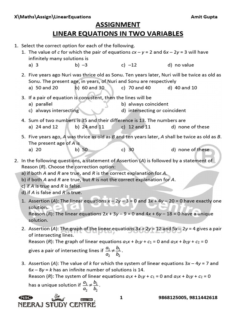 NSCXAssignLinEqns2024-25 | PDF | Equations | System Of Linear Equations