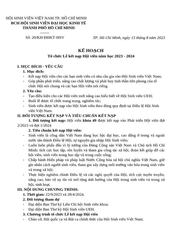 KE-HOACH-TO-CHUC-LE-KET-NAP-HOI-VIEN-NAM-2023-2024 | PDF