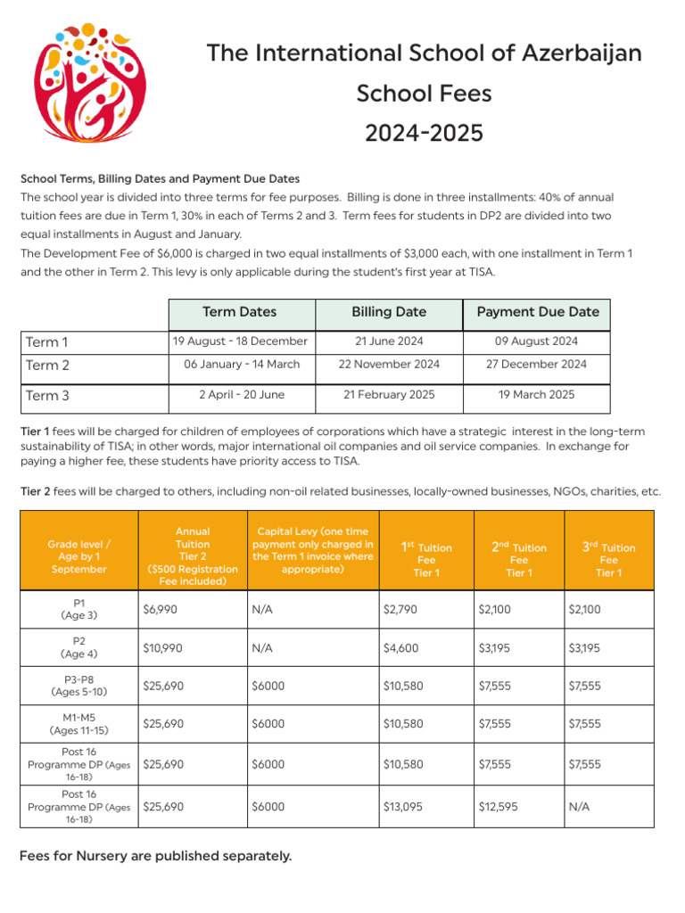 TISA-School-Fee-2024-25 | PDF | Tuition Payments | Fee