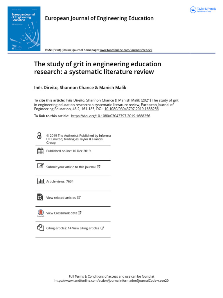The Study of Grit in Engineering Education Research A Systematic ...