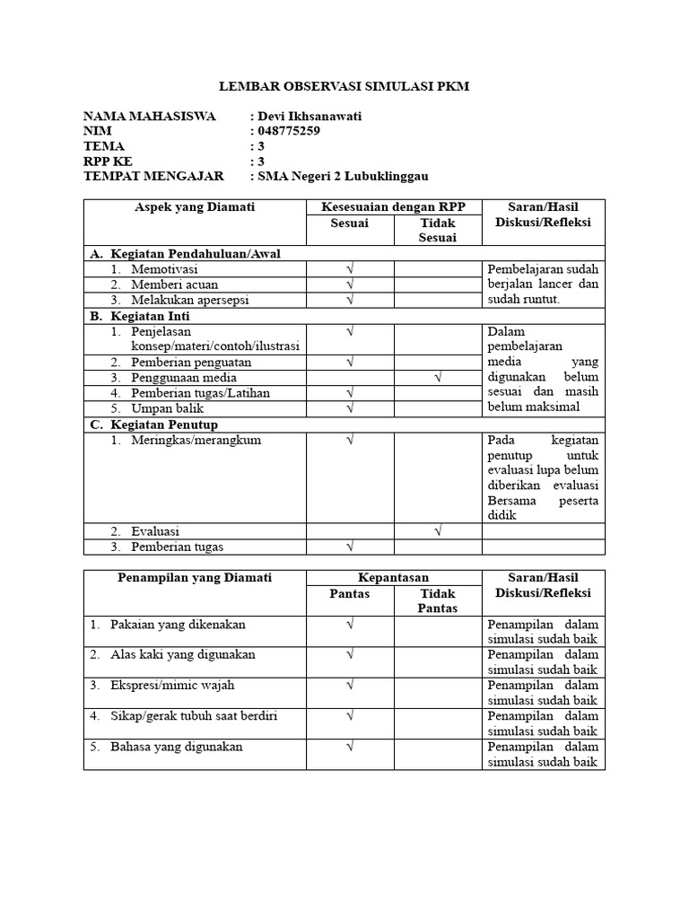 Lembar Observasi & Refleksi Simulasi PKM | PDF