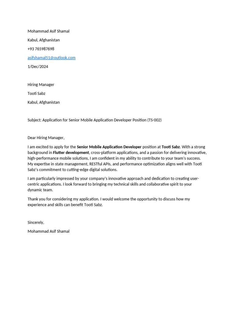 Cover Letter - Senior Flutter Developer | PDF