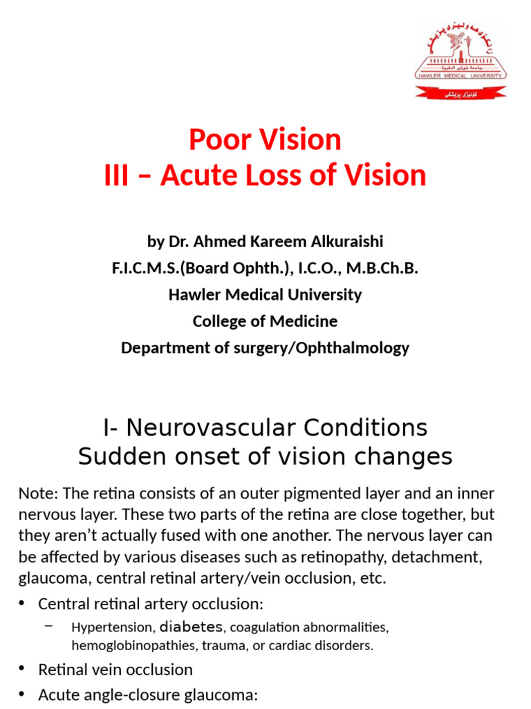 Blurry Vision 2 - Acute Loss of Vision | PDF | Retina | Glaucoma