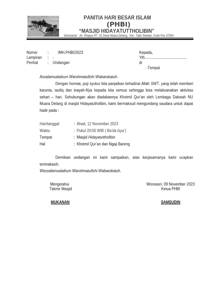 Undangan Rapat PHBI Quranan | PDF