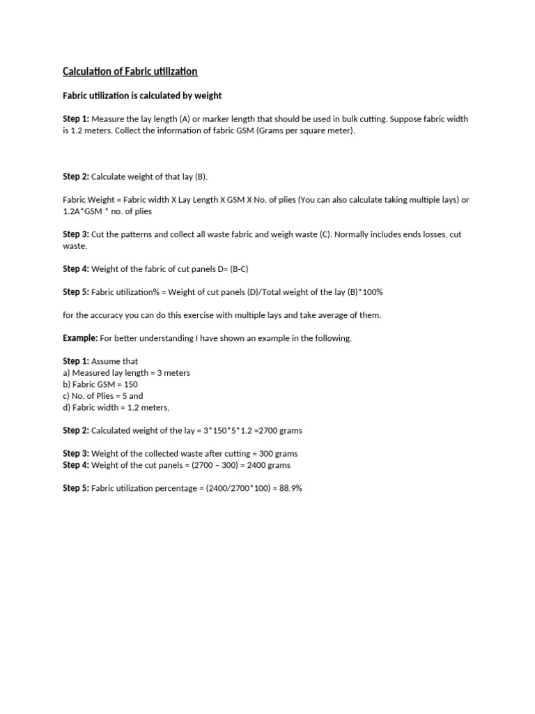 Calculation of Fabric Utilization | PDF | Quantity | Units Of Measurement