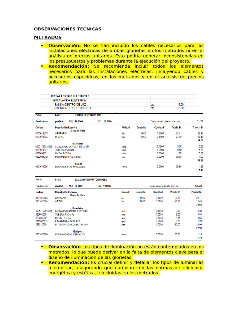 Observaciones de Proyectos de Miradores Huancas | PDF