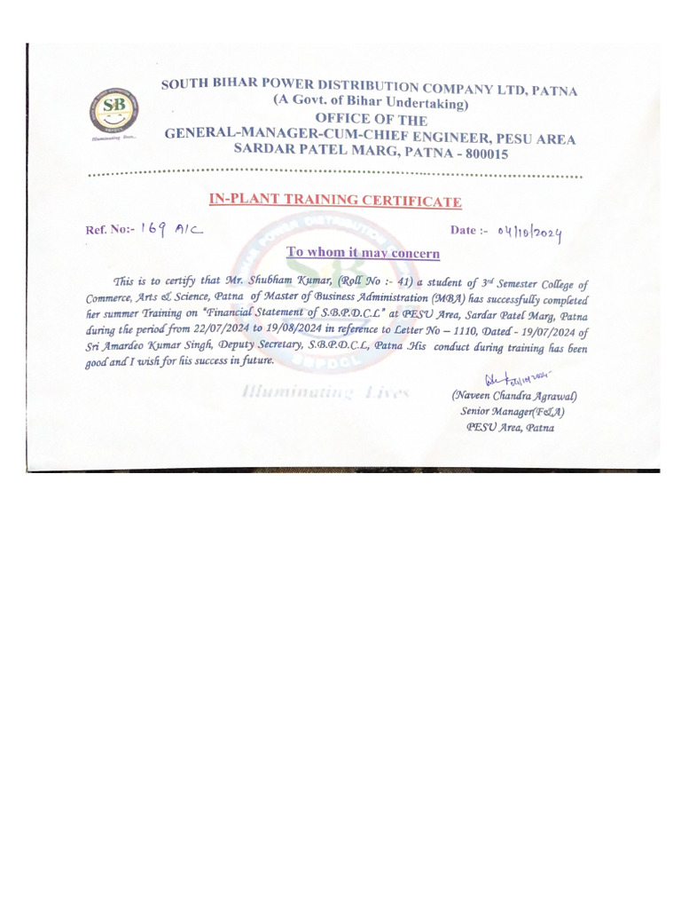 South Bihar Internship Certificate | PDF