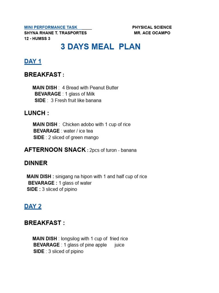 3-Day Meal Plan for Mini Performance Task | PDF