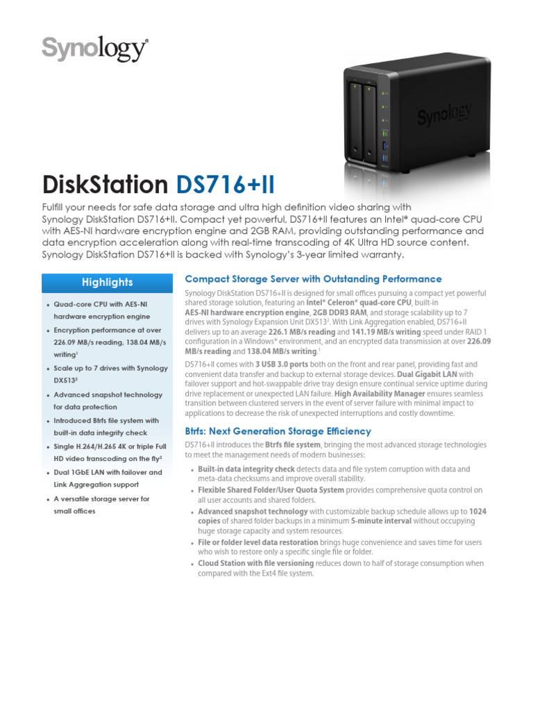 Synology DS716 PlusII Data Sheet Enu | PDF | File Transfer Protocol | File System