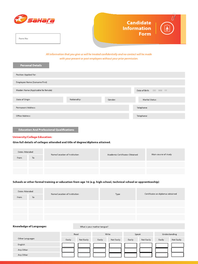 Sahara Candidate Information Form | PDF
