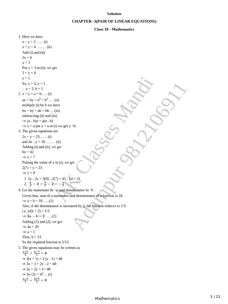Class 10 Chapter 3 Maths Assignment | PDF | Equations | Arithmetic