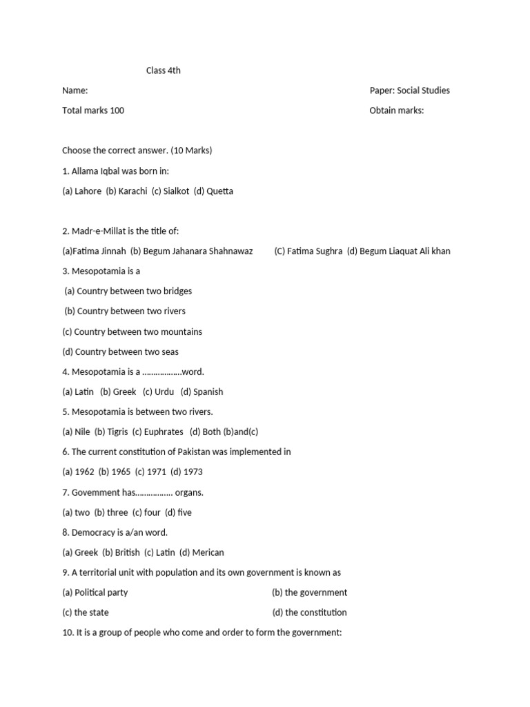 Grade 4 Social Studies Quiz | PDF