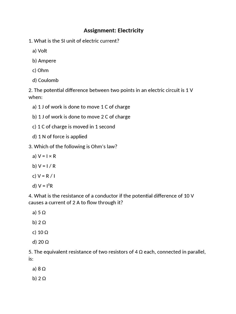 Assignment Class 10 Electricity | PDF | Electrical Resistance And ...