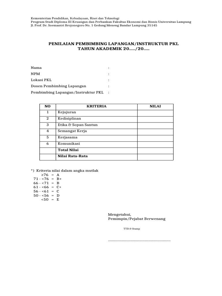 Form Penilaian Supervisi PKL 1 | PDF